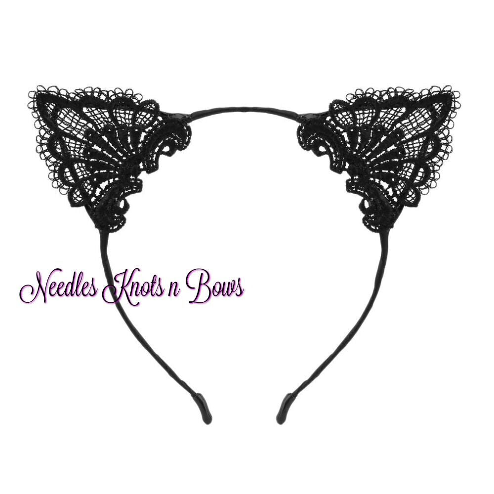 Black Lace Cat Ears, Cat Ear Headband, Girls, Women’s – Needles Knots n ...