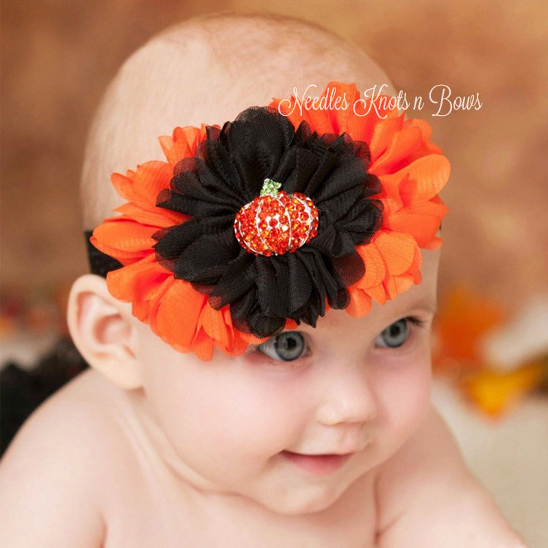 Girls Rhinestone Pumpkin Halloween Flower Headband – Needles Knots n Bows